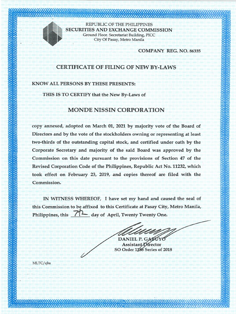 Monde Nissin Certificate of Filing of New by Laws 2021 04 071 | PDF
