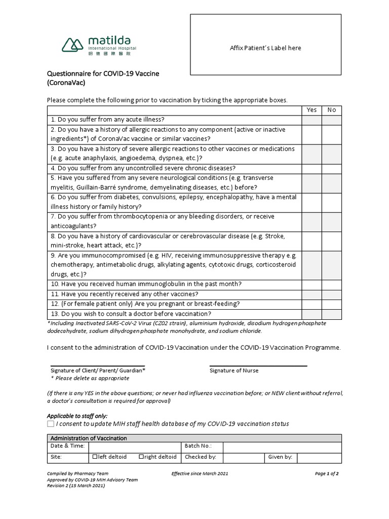 Questionnaire For Covid-19 Vaccine (Coronavac) | PDF | Vaccines ...