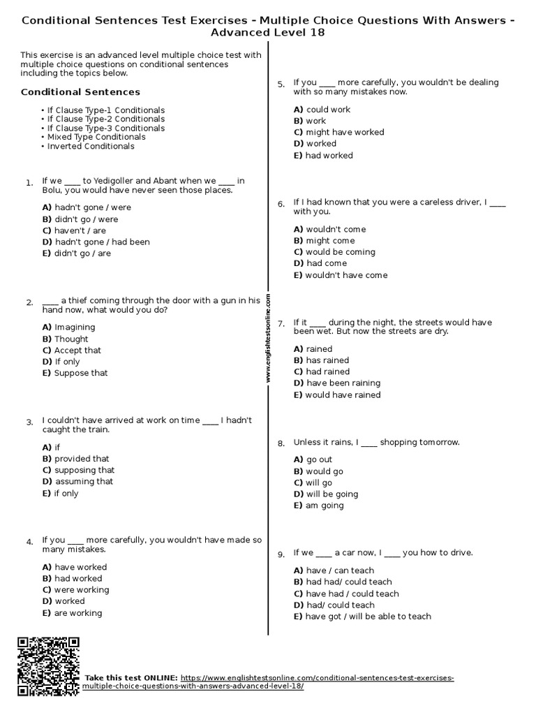 517 - Conditional Sentences Test Exercises Multiple Choice Questions ...