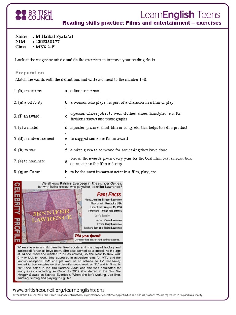 Reading Skills Practice: Films and Entertainment - Exercises | PDF | Sports