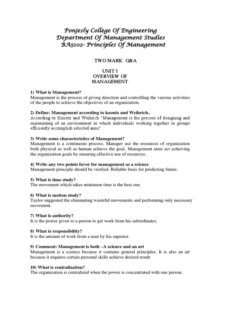 POM 2 MARKS Unit-1&2 | PDF | Goal | Strategic Planning