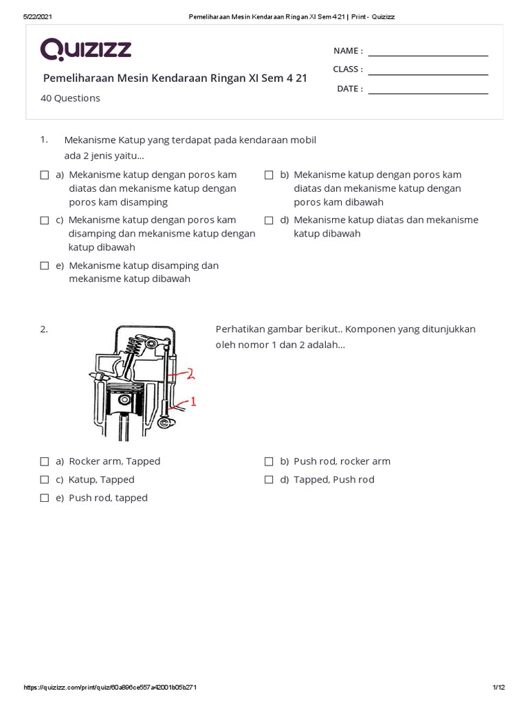 A Rifain - Pemeliharaan Mesin Kendaraan Ringan XI Sem 4 21 - Print - Quizizz | PDF