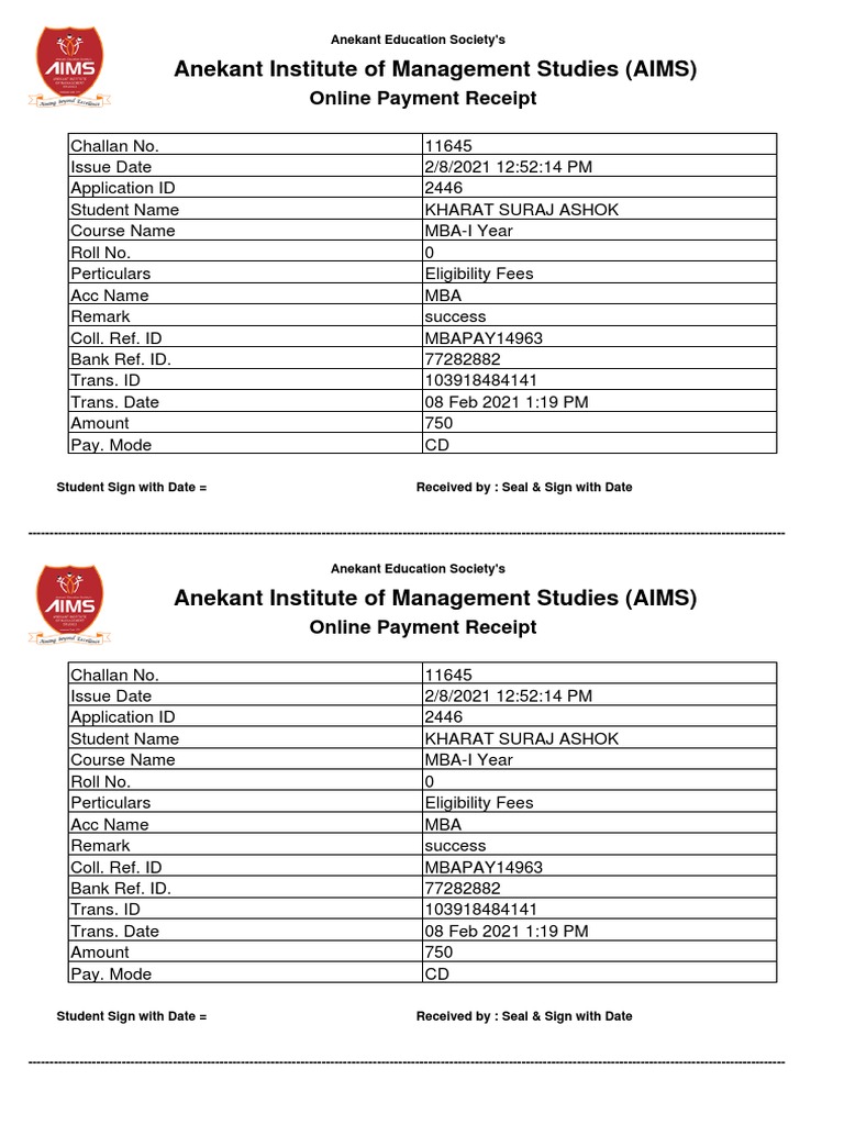 Anekant Institute of Management Studies (AIMS) : Online Payment Receipt ...