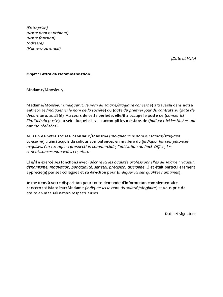 Modèle Lettre de Recommandation Québec | PDF