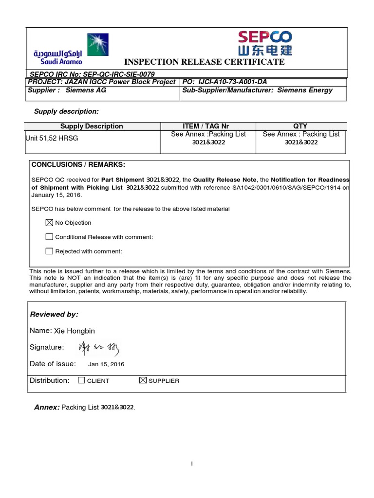 Inspection Release Certificate For Part Shipment 3021&3022 | PDF