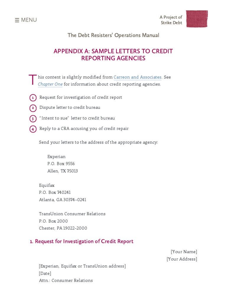 Appendix A - Sample Letters To Credit Reporting Agencies - Strike Debt ...