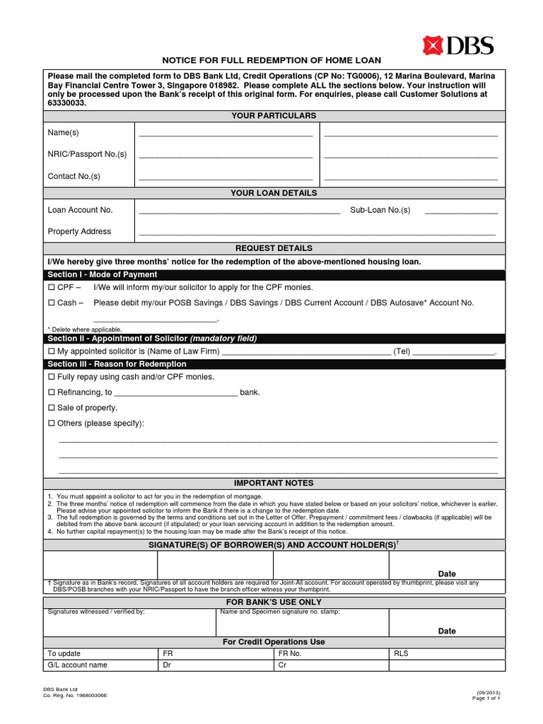 Notice For Full Redemption of Home Loan: Section I - Mode of Payment ...