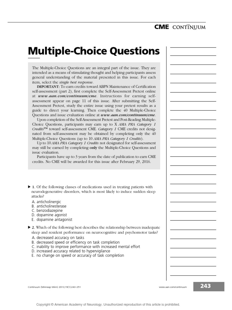 Multiple-Choice Questions: I Toward Self-Assessment CME. Category 1 CME ...