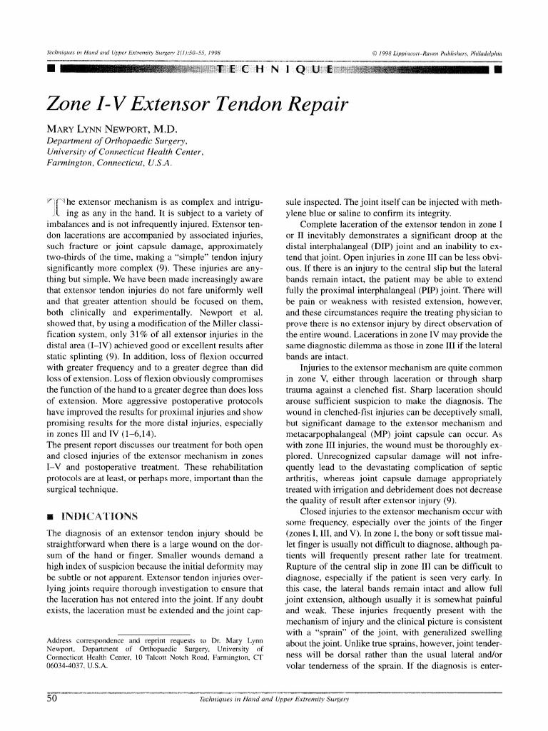 Zone I-V Extensor Tendon Repair: Mary Lynn Newport, M.D | PDF | Finger ...