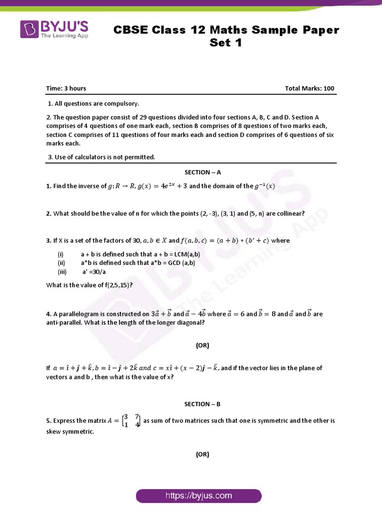 Class 12 Maths Sample Paper Set 1 | PDF | Cartesian Coordinate System ...