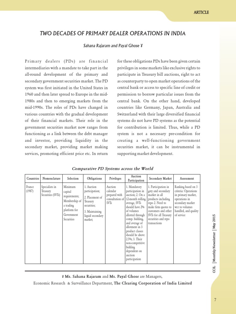 Two Decades of Primary Dealer Operations in India: Sahana Rajaram and ...