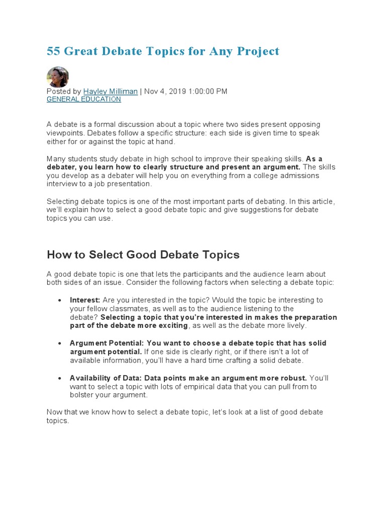 55 Great Debate Topics For Any Project | PDF