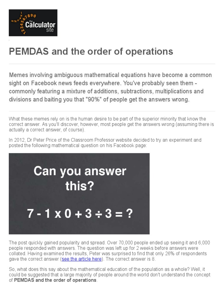 PEMDAS and The Order of Operations | PDF | Multiplication | Exponentiation