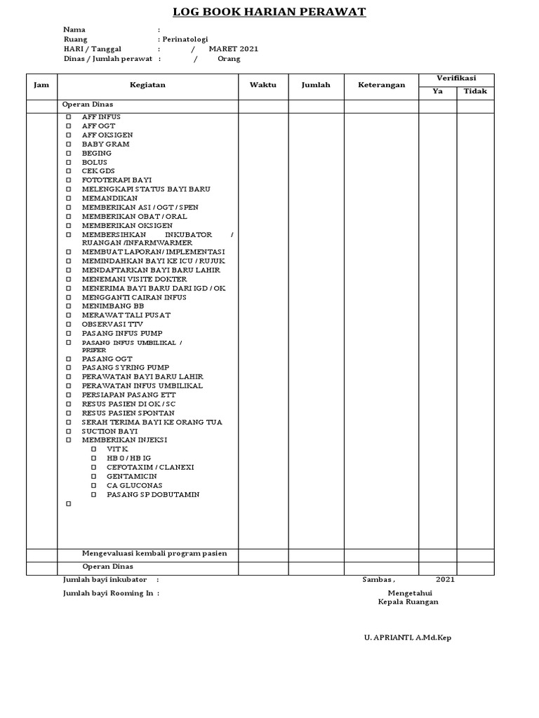 Centang Log Book Harian Perawat Perina | PDF | Sains & Matematika