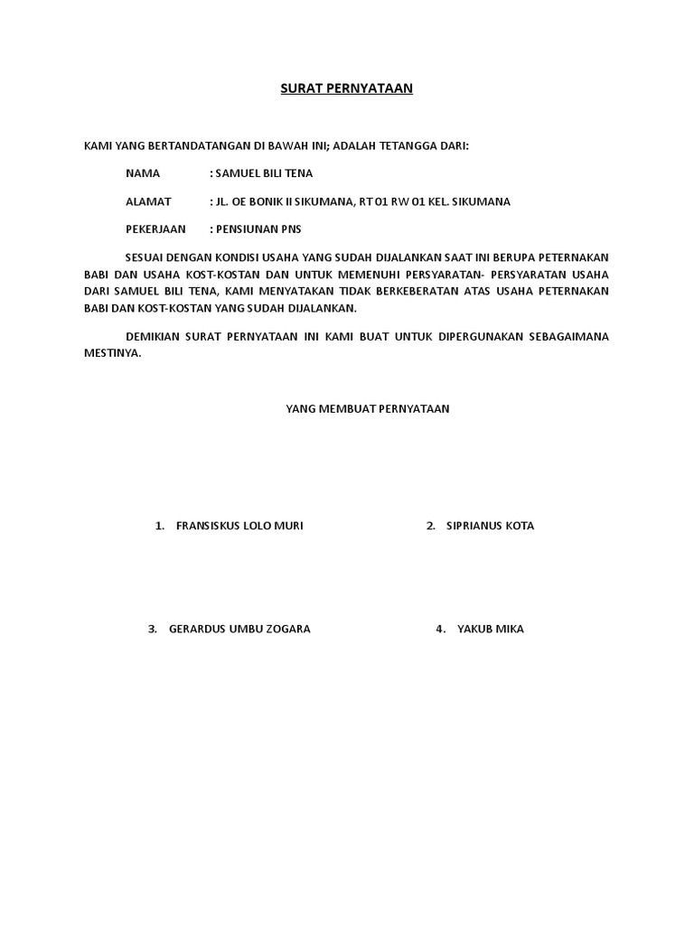 Surat Pernyataan Tidak Berkeberatan Usaha Babi | PDF