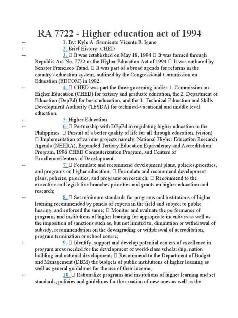 RA 7722 - Higher Education Act of 1994 | PDF | Taxes | Government
