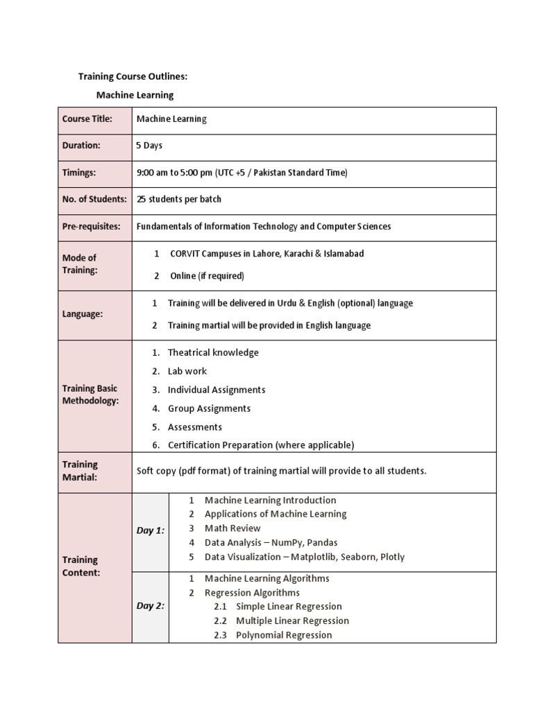 Training Course Outlines: Machine Learning | PDF | Machine Learning ...
