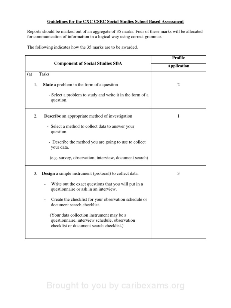CXC Social Studies SBA Template and Mark Scheme | PDF | Data | Question