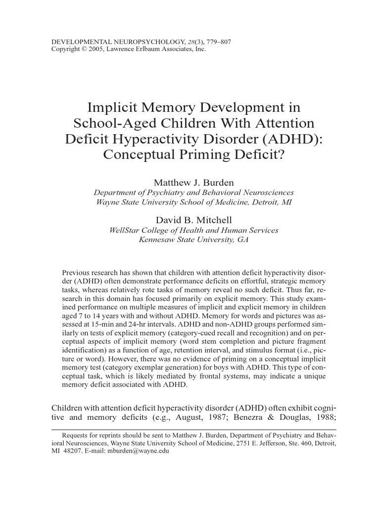 Implicit Memory Development in School-Aged Children With Attention Deficit Hyperactivity ...