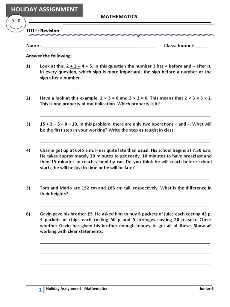Mathematics Holiday Assignment 1 | PDF | Numbers | Arithmetic