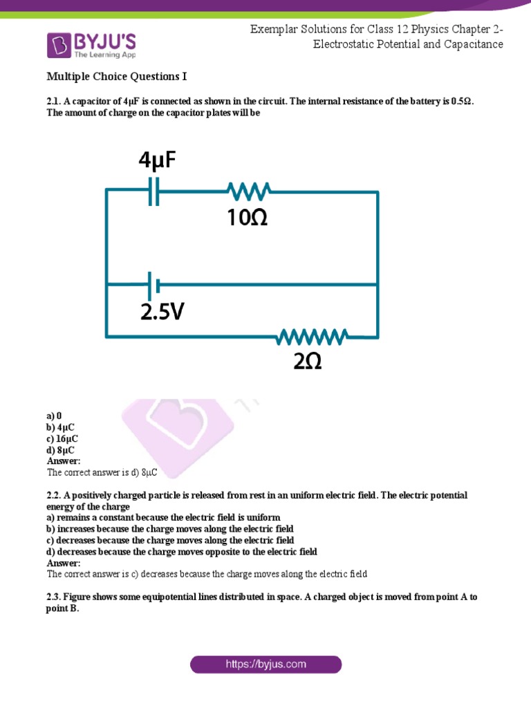 Class 12 Physics: Electrostatics MCQs | PDF | Capacitance | Capacitor