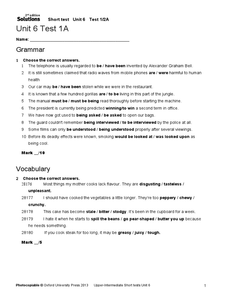 Upp-Int Short Tests Unit 06 1A 2A | PDF | Foods | Food And Drink Upp-Int Short Tests Unit 06 1A 2A | PDF | Foods | Food And Drink