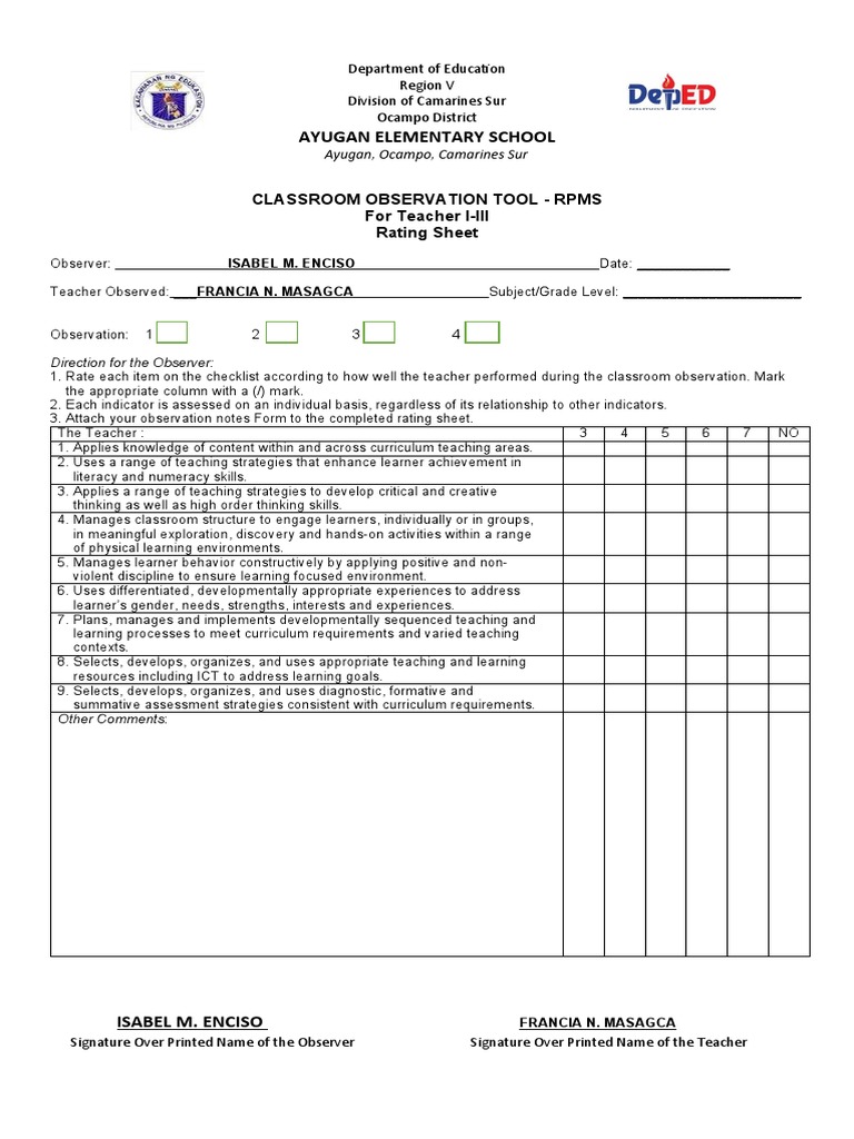 Ayugan Elementary School: Classroom Observation Tool - Rpms For Teacher ...