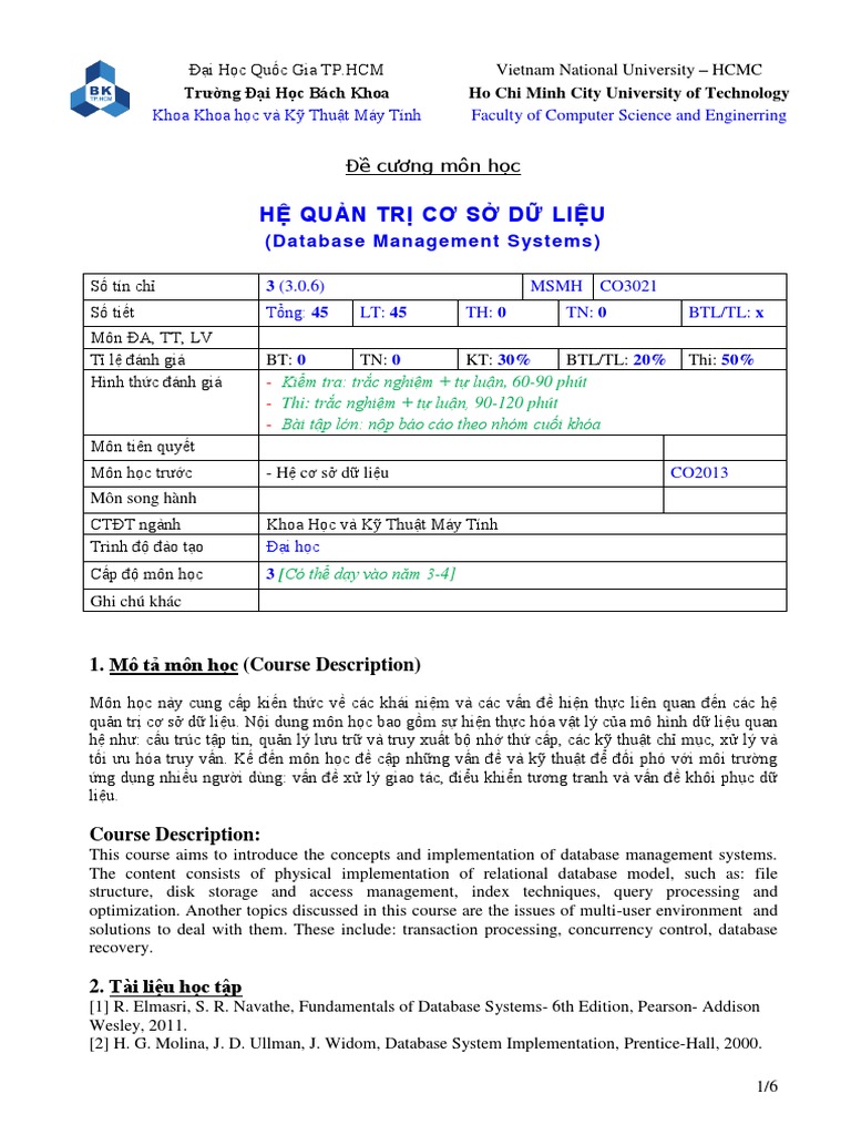 De Cuong He Quan Tri CSDL Bach Khoa | PDF
