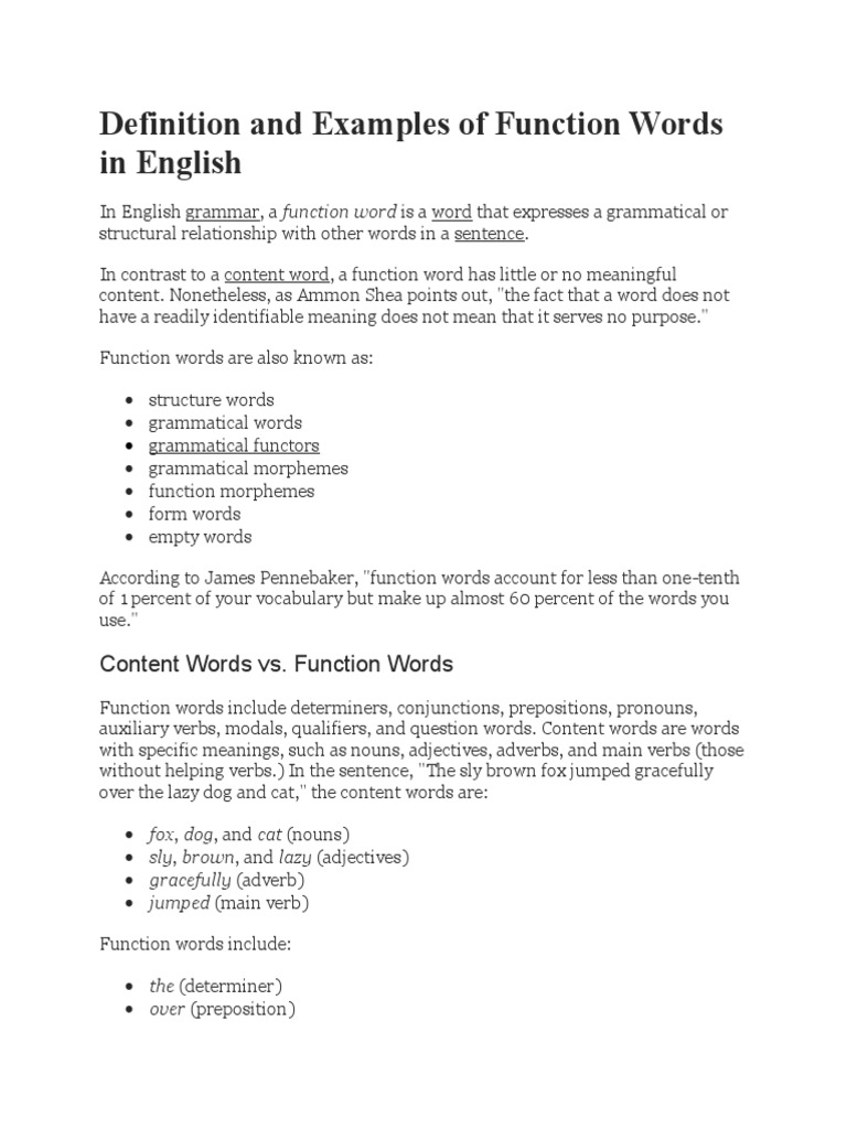 Definition and Examples of Function Words in English | PDF | Verb | Word