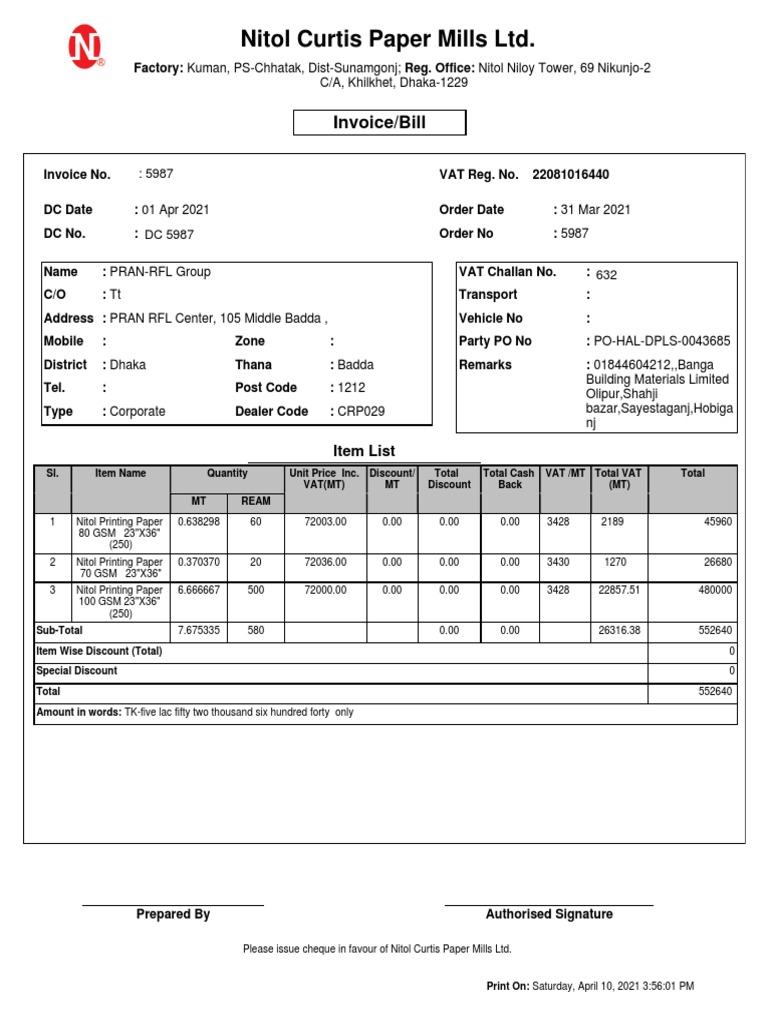 Nitol Curtis Paper Mills LTD.: Invoice/Bill | PDF | Paper And Packaging ...