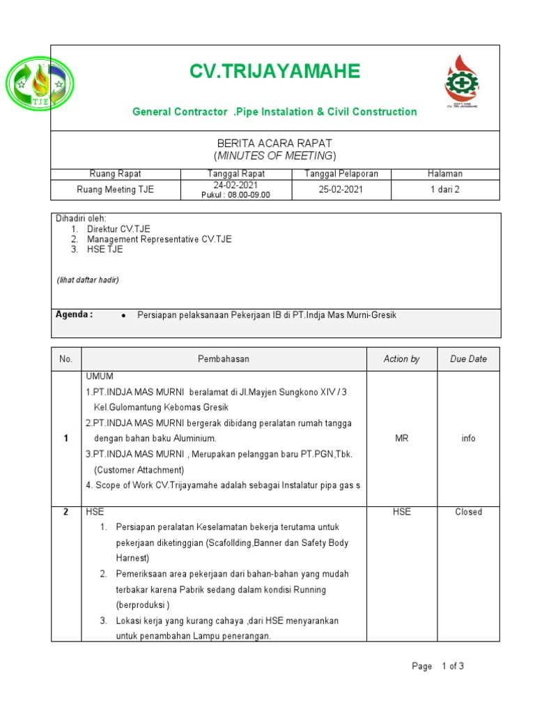 5.NOTULEN Safety Meeting 24 Februari 2021 PT - Indja Mas Murni | PDF