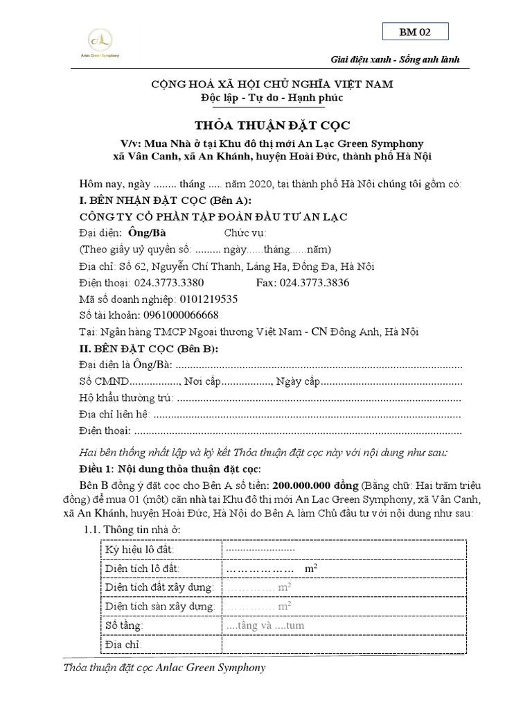 BM 04 Thoa Thuan Dat Coc | PDF