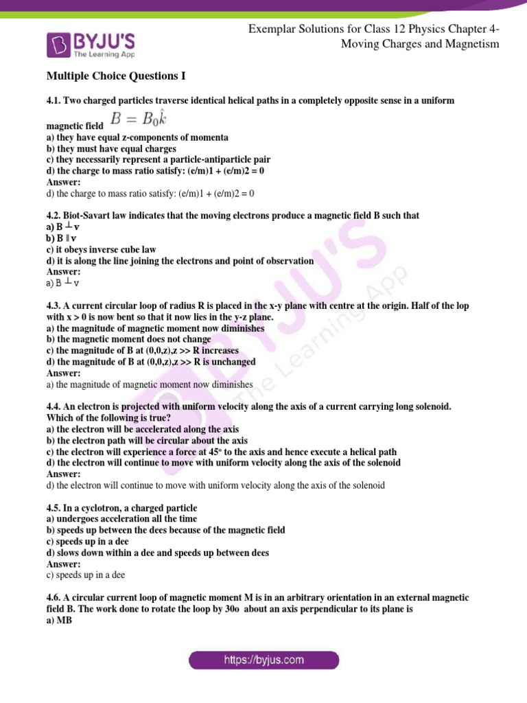 Multiple Choice Questions I: Exemplar Solutions For Class 12 Physics Chapter 4-Moving Charges ...