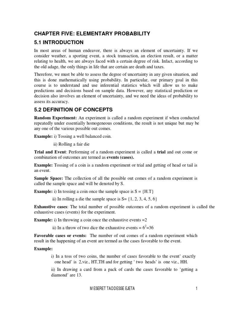 Chapter Five: Elementary Probability: Meseret Taddesse Ejeta 1 | PDF | Randomness | Probability