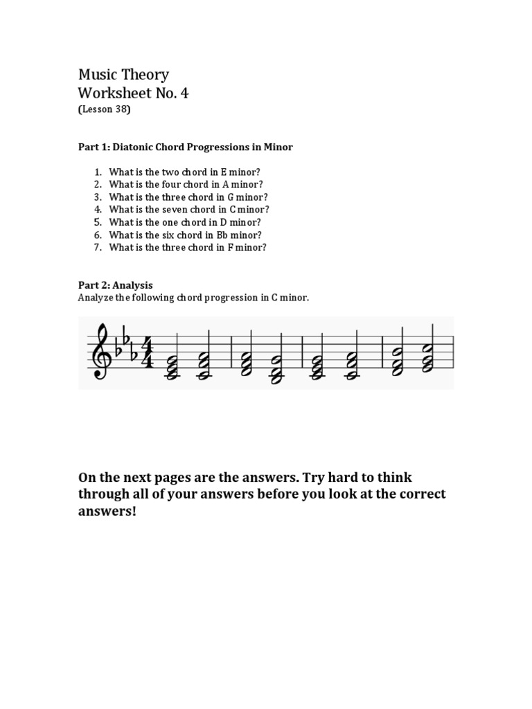 Music Theory Worksheet No. 4: Part 1: Diatonic Chord Progressions in ...