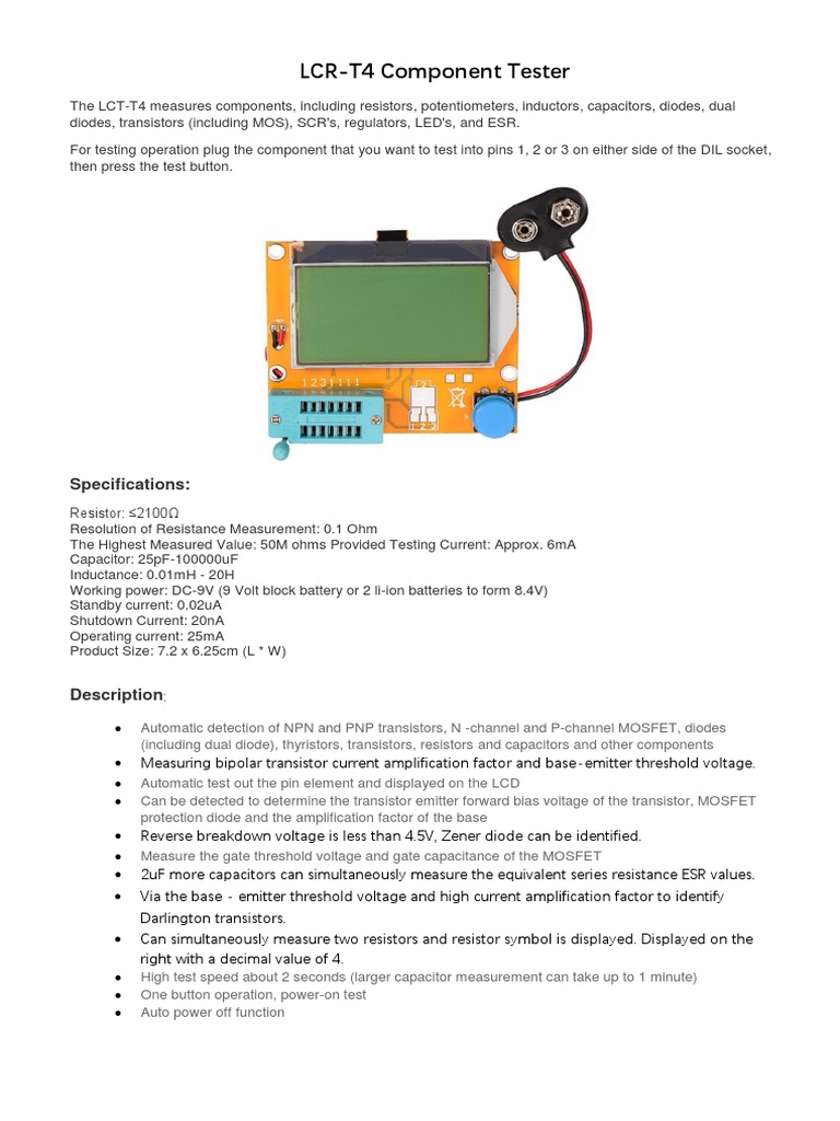 LCR-T4 Component Tester Specifications | PDF