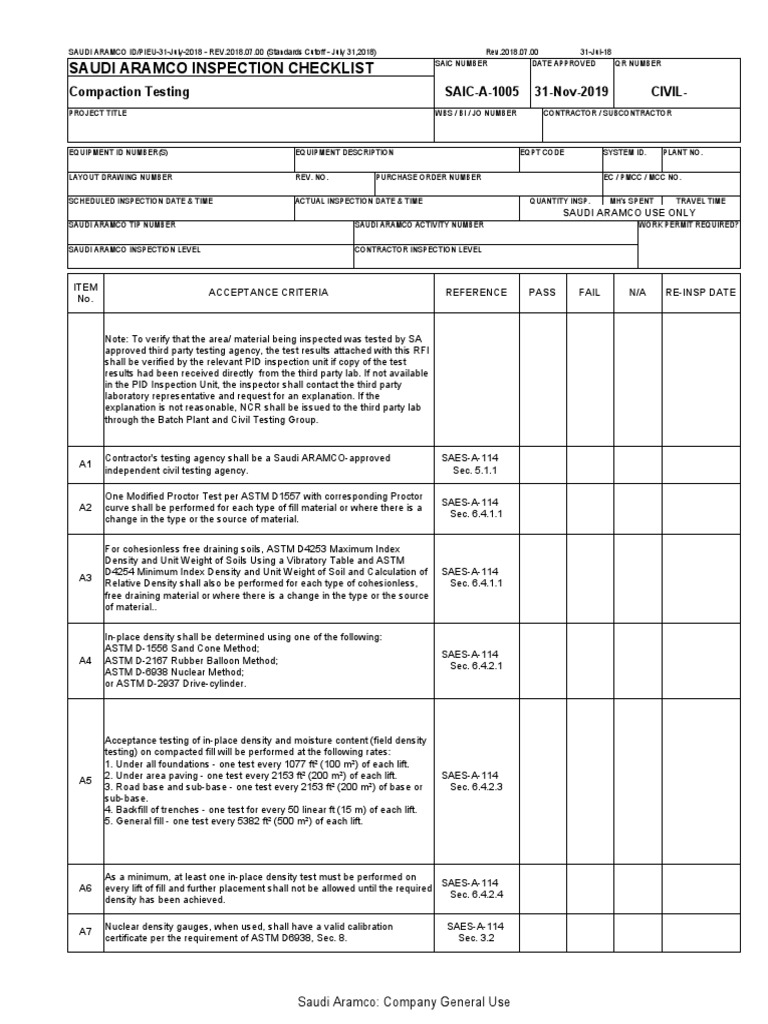 Saudi Aramco Inspection Checklist: Compaction Testing SAIC-A-1005 31 ...