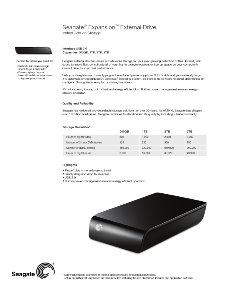 Seagate® Expansion™ External Data Sheet | PDF | Hard Disk Drive | Media Technology