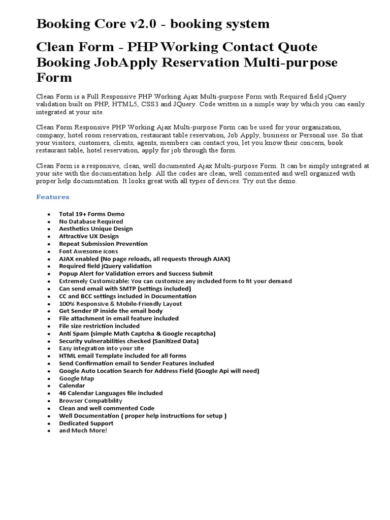 Booking Core V2.0 - Booking System Clean Form - PHP Working Contact Quote Booking Jobapply ...