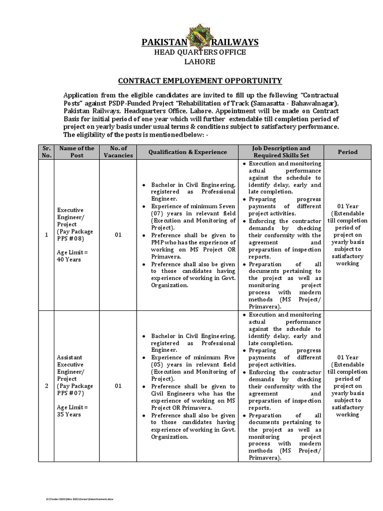 Pakistan Railways: Contract Employement Opportunity | PDF | Government ...