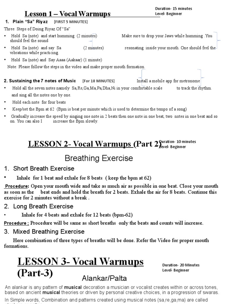 Lesson 1 - Vocal Warmups: 1. Plain "Sa" Riyaz (FIRST 5 MINUTES) | PDF ...