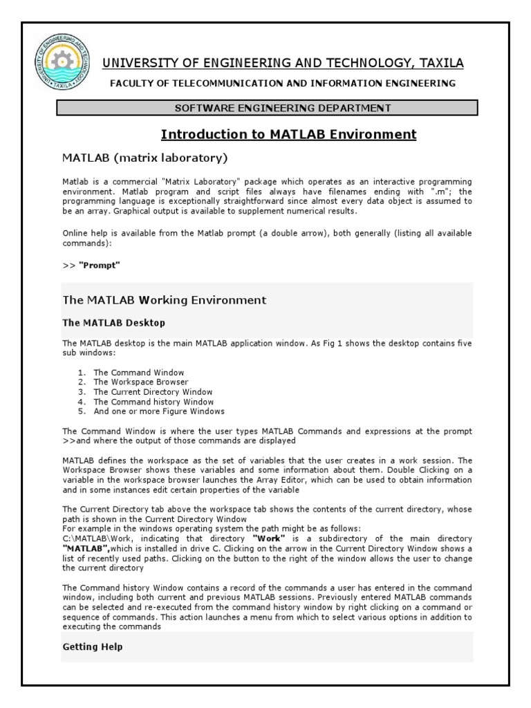 University of Engineering and Technology, Taxila: Introduction To MATLAB Environment | Download ...
