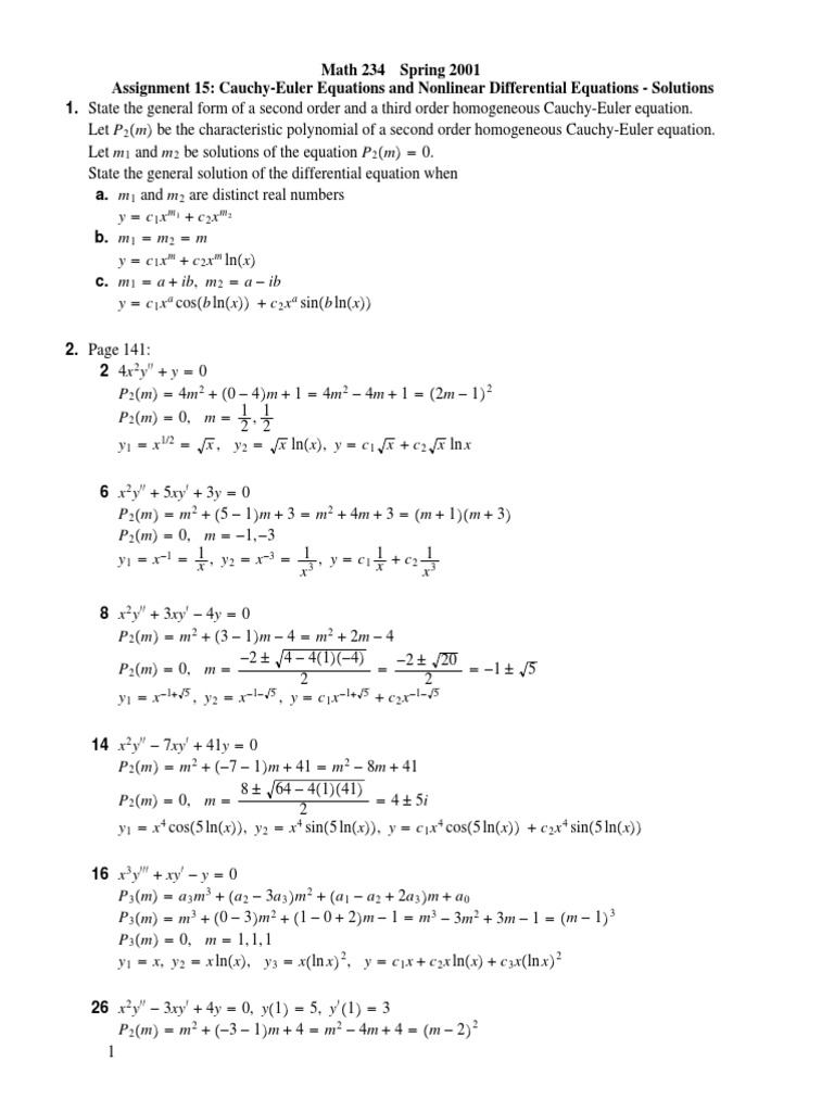 Assignment 15: Cauchy-Euler Equations and Nonlinear Differential Equations - Solutions | PDF ...