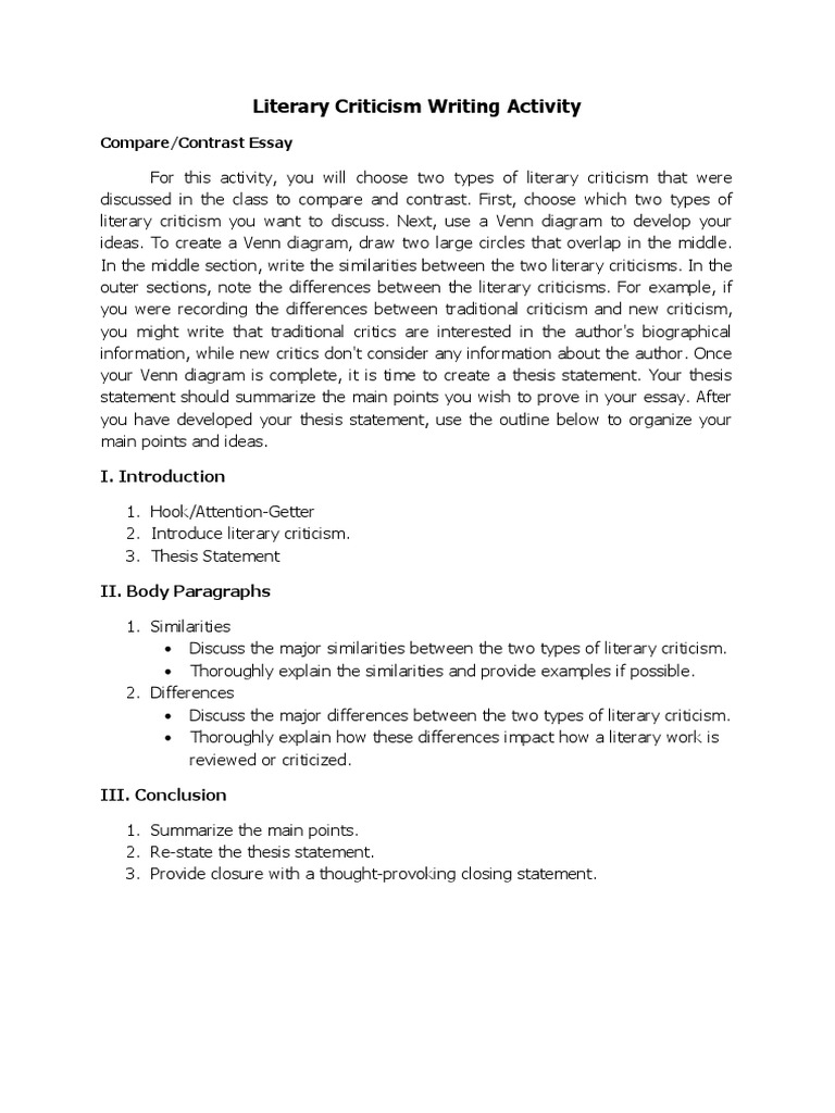 Literary Criticism Writing Activity: Compare/Contrast Essay | PDF | Art