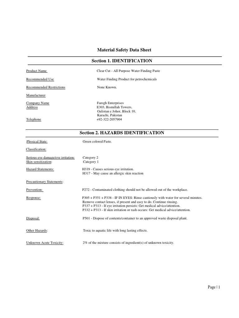 Clear Cut Water Finding Paste MSDS | PDF | Personal Protective ...