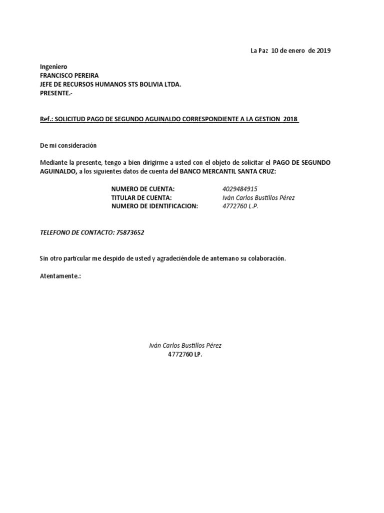 Carta de Solicitud Pago de Segundo Aguinaldo 2018 Ivan | PDF
