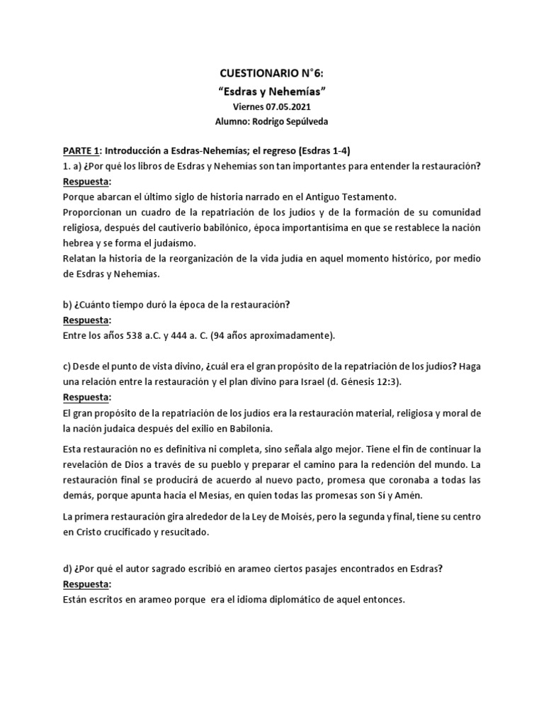 CUESTIONARIO N°6 - Esdras y Nehemías - Rodrigo Sepúlveda | PDF | Judios | Lenguaje hebreo