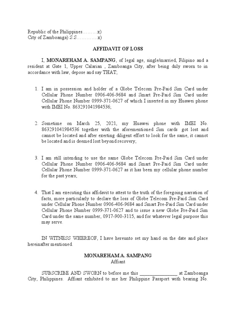 Affidavit of Loss Sim Card | PDF