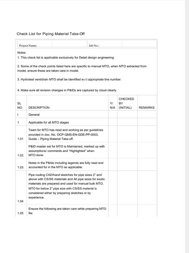Check List For Piping Material Take Off | PDF | Pipe (Fluid Conveyance ...