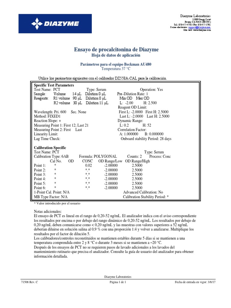 Parameter Settings for Running the Diazyme PCT Assay on the Beckman ...